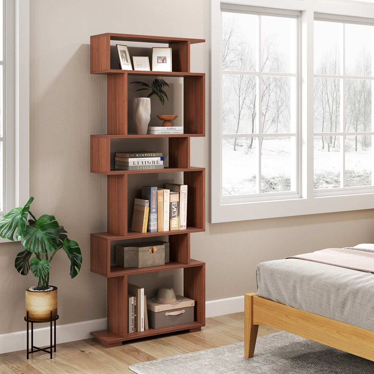 Ebern Designs 6-tier Storage Bookshelf S-shaped Geometric Bookcase With Anti-toppling Kits | Wayfair